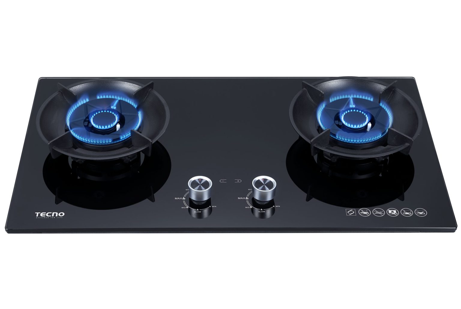 Tecno 2-Burner 76cm Tempered Glass Hob with Flip-Up Burners & Timer – Tecno